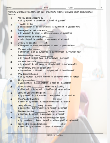 Reflexive-Reciprocal Pronouns Multiple Choice Worksheet | Teaching ...