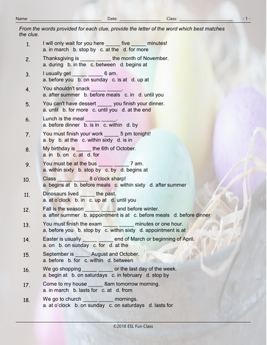 Time Prepositions Multiple Choice Worksheet | Teaching Resources