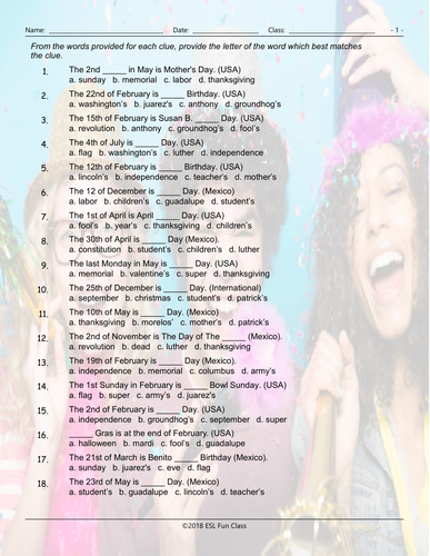 American vs Mexican Holidays Multiple Choice Worksheet | Teaching Resources