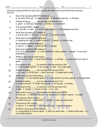 Cell Phones-Texting Acronyms Multiple Choice Worksheet | Teaching Resources