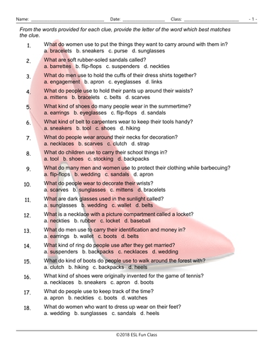 Clothing Accessories-Footwear Multiple Choice Worksheet | Teaching ...