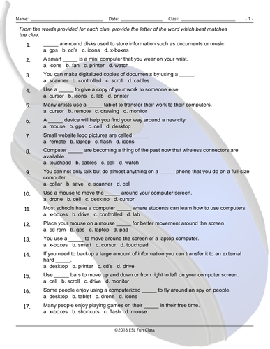 Computer Technology Multiple Choice Worksheet | Teaching Resources