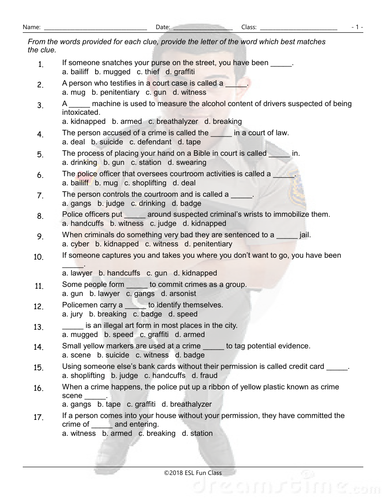 Crime-Law Enforcement-Courts Multiple Choice Worksheet | Teaching Resources