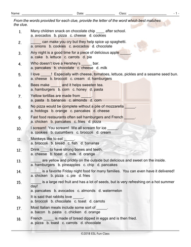 Food Items Multiple Choice Worksheet | Teaching Resources
