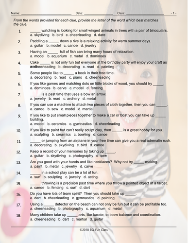 Free Time-Hobbies Multiple Choice Worksheet | Teaching Resources