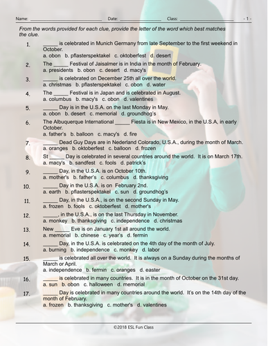 Holidays-Festivals Around the World Word Multiple Choice Worksheet ...