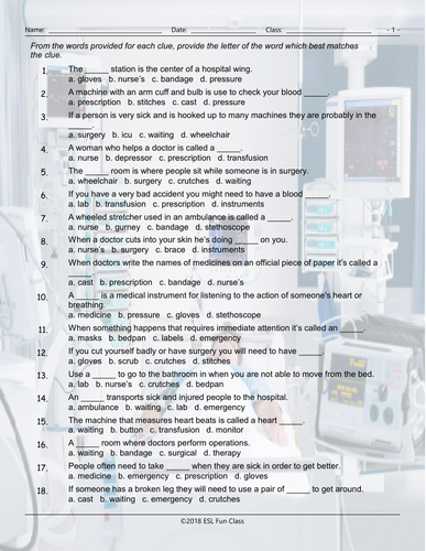 Hospitals-Injuries Multiple Choice Worksheet | Teaching Resources