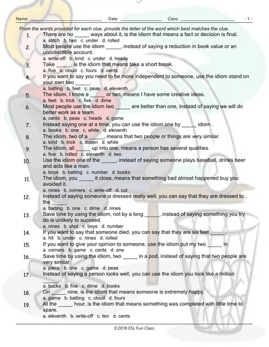 Idioms Multiple Choice Worksheet | Teaching Resources