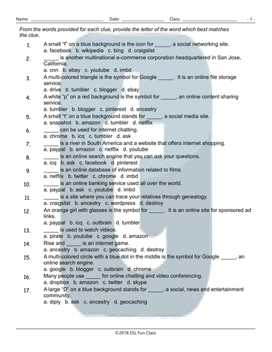 Internet Sites-Terms Multiple Choice Worksheet | Teaching Resources