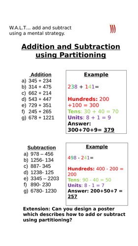 Addition and Subtraction using Partitioning Differentiated | Teaching ...