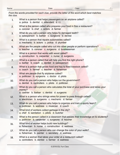 Jobs-Professions Multiple Choice Worksheet | Teaching Resources