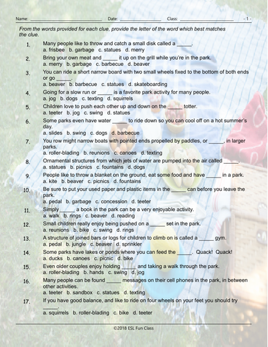 Park Things-Activities Multiple Choice Worksheet | Teaching Resources