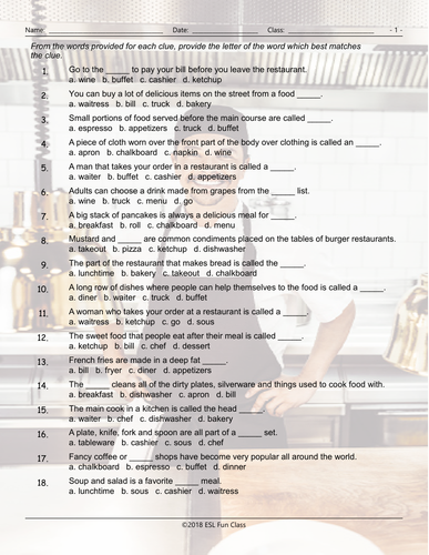 Restaurant Things-Activities Multiple Choice Worksheet | Teaching Resources