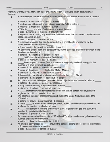 Space-Astronomy Multiple Choice Worksheet | Teaching Resources
