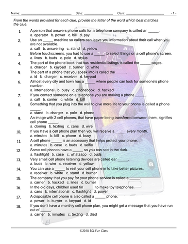 Telephones Multiple Choice Worksheet | Teaching Resources