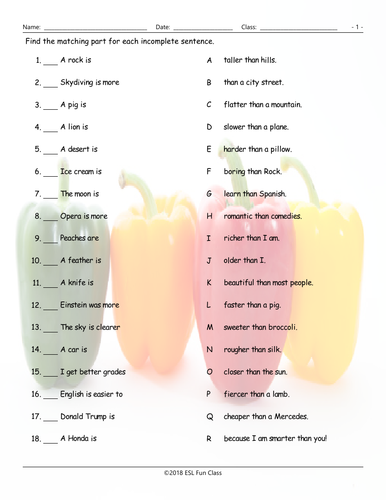 Comparative Adjectives Sentence Match Worksheet | Teaching Resources