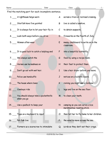 Compound Nouns Sentence Match Worksheet | Teaching Resources