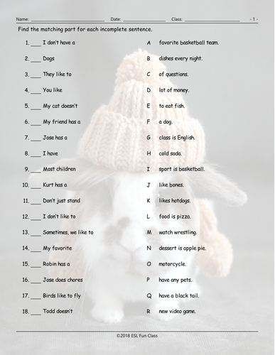 Have-Do-Like-Favorites Sentence Match Worksheet | Teaching Resources