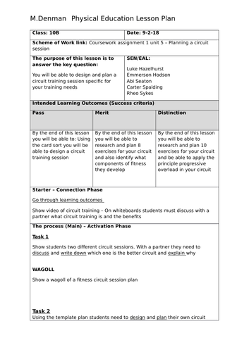BTEC Sport, Planning 6 week training programme. Observation lesson ...