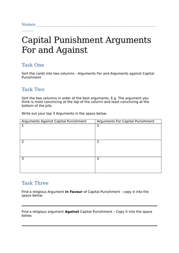 Capital Punishment - Arguments For and Against - Card Sort Activity ...