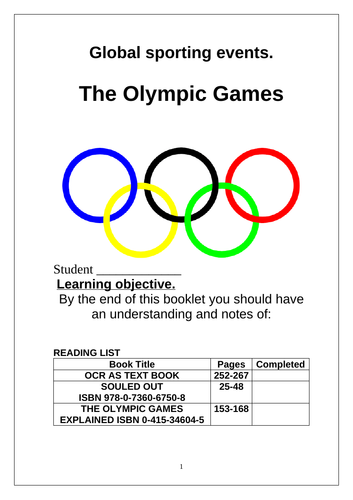UPDATED Global Sports events. OCR A level. student booklet Olympic ...