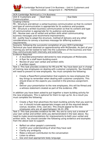 OCR Cambridge Technical Lv 3 In Business - Unit 4: Customers and Communication - Assessment ...