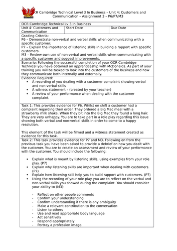 OCR Cambridge Technical Lv 3 In Business - Unit 4: Customers and Communication - Assessment ...