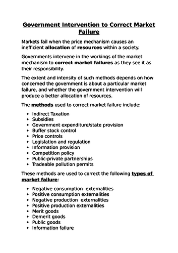 Types of government intervention used to correct market failure (microeconomics) | Teaching ...