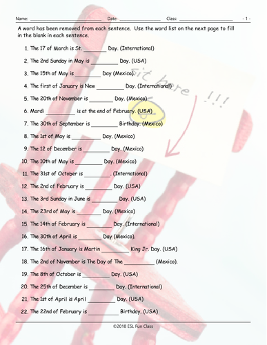 American versus Mexican Holidays Missing One Word Worksheet | Teaching ...