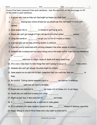 Bad Habits-Addictions Missing One Word Worksheet | Teaching Resources