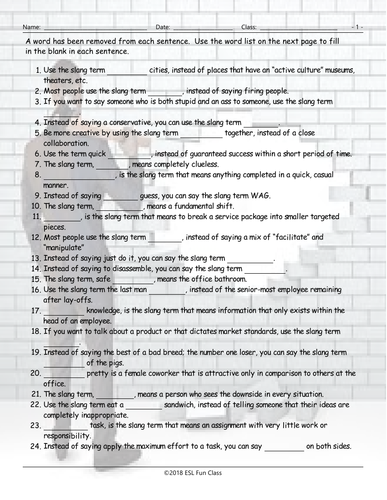 Business-Work Slang Missing One Word Worksheet | Teaching Resources