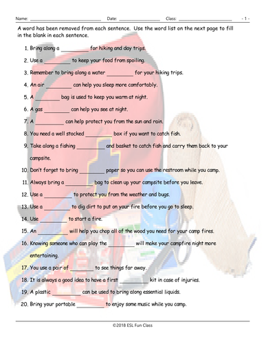 Camping Missing One Word Worksheet | Teaching Resources