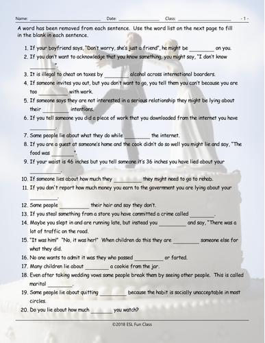Cheaters-Dishonesty Missing One Word Worksheet | Teaching Resources