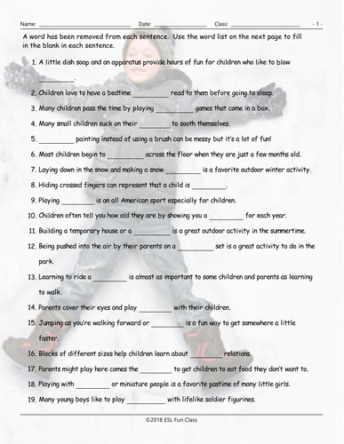 Childhood Activities Missing One Word Worksheet | Teaching Resources