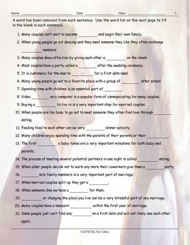 Dating-Marriage Activities Missing One Word Worksheet | Teaching Resources