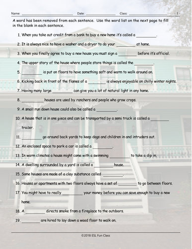 Houses-Apartments Types-Features Missing One Word Worksheet | Teaching ...