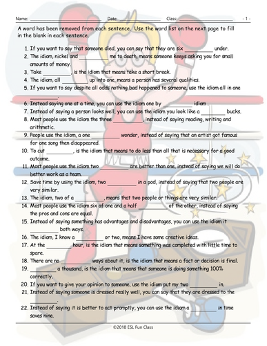 Idioms Missing One Word Worksheet | Teaching Resources