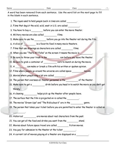 Movie Things-Genres Missing One Word Worksheet | Teaching Resources
