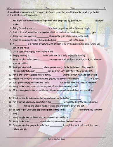Park Activities Missing One Word Worksheet | Teaching Resources