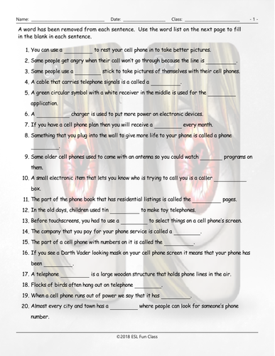 Telephones Missing One Word Worksheet | Teaching Resources