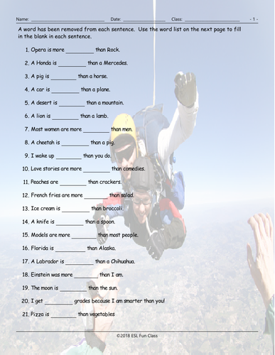 Comparative Adjectives Missing One Word Worksheet | Teaching Resources