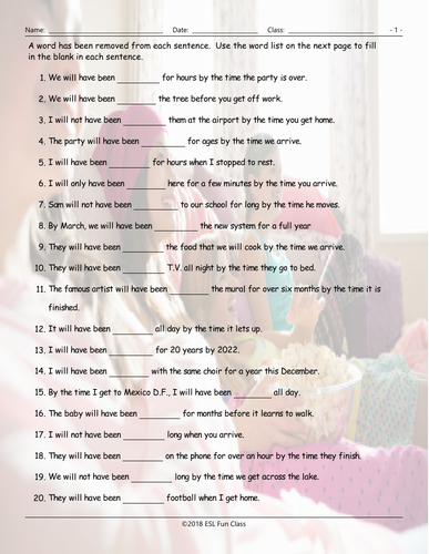 Future Perfect Continuous Tense Missing One Word Worksheet | Teaching ...