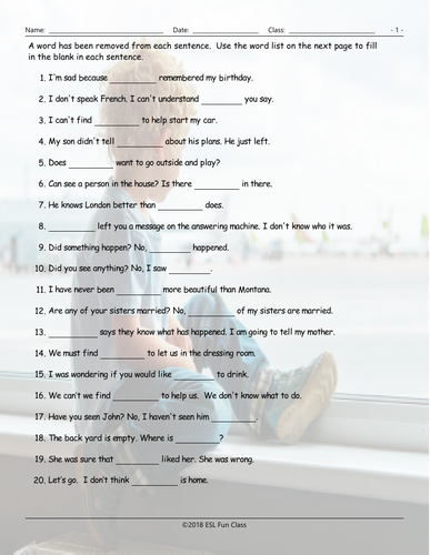 Indefinite Pronouns Missing One Word Worksheet | Teaching Resources