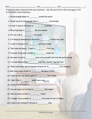 Infinitives of Purpose Missing One Word Worksheet | Teaching Resources