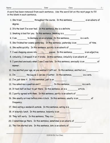 Parts of Speech Missing One Word Worksheet | Teaching Resources