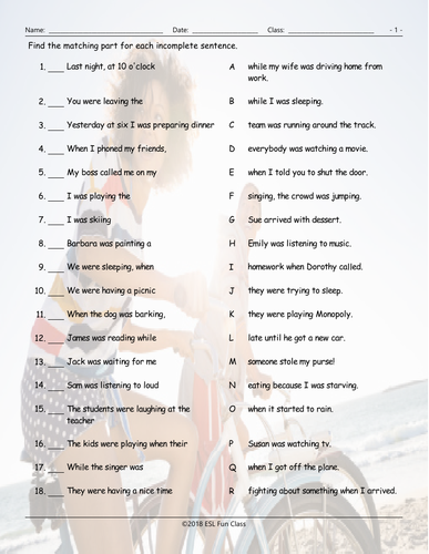 Past Continuous Tense Sentence Match Worksheet | Teaching Resources