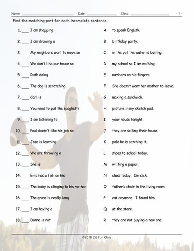 Present Continuous Tense Sentence Match Worksheet | Teaching Resources