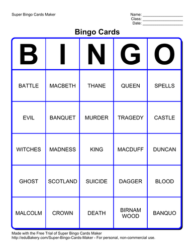 Macbeth Bingo! KS3 KS4 Starter activity. Revision. | Teaching Resources