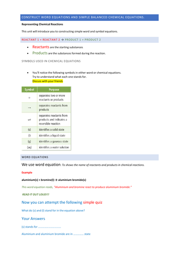 IGCSE CHEMISTRY: CONSTRUCT WORD EQUATIONS AND SIMPLE BALANCED CHEMICAL ...