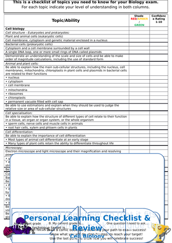 PLC - AQA GCSE Biology - Cell Biology (Personal Learning Checklist ...